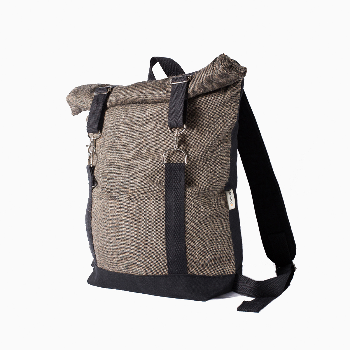 Roll top backpack brown jute with black straps - PennyP